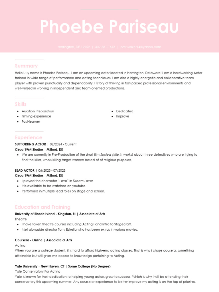 Phoebe Pariseau: Aspiring Actor Profile | PDF