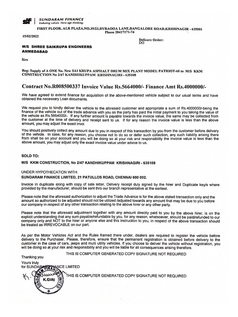 K K M Construction DM 60 Sundaram Finance | PDF