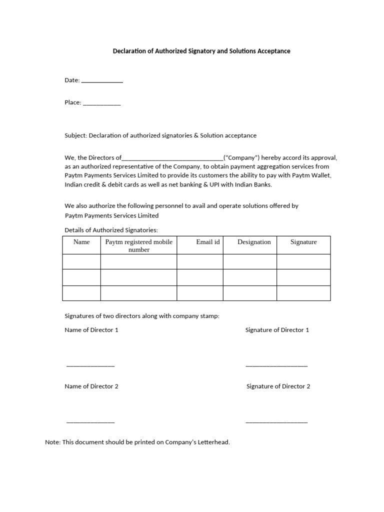 Authorized Signatory Declaration Template | PDF