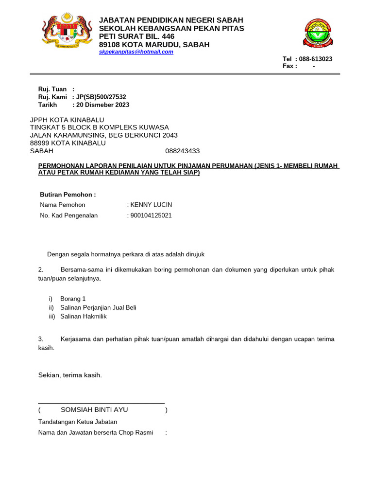 JPPH Surat-Iringan Ketua Jabatan - Docx KENNY LUCIN | PDF