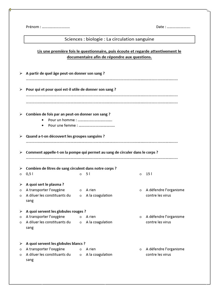 Questionnaire sur la circulation sanguine | PDF | Sang | Biologie