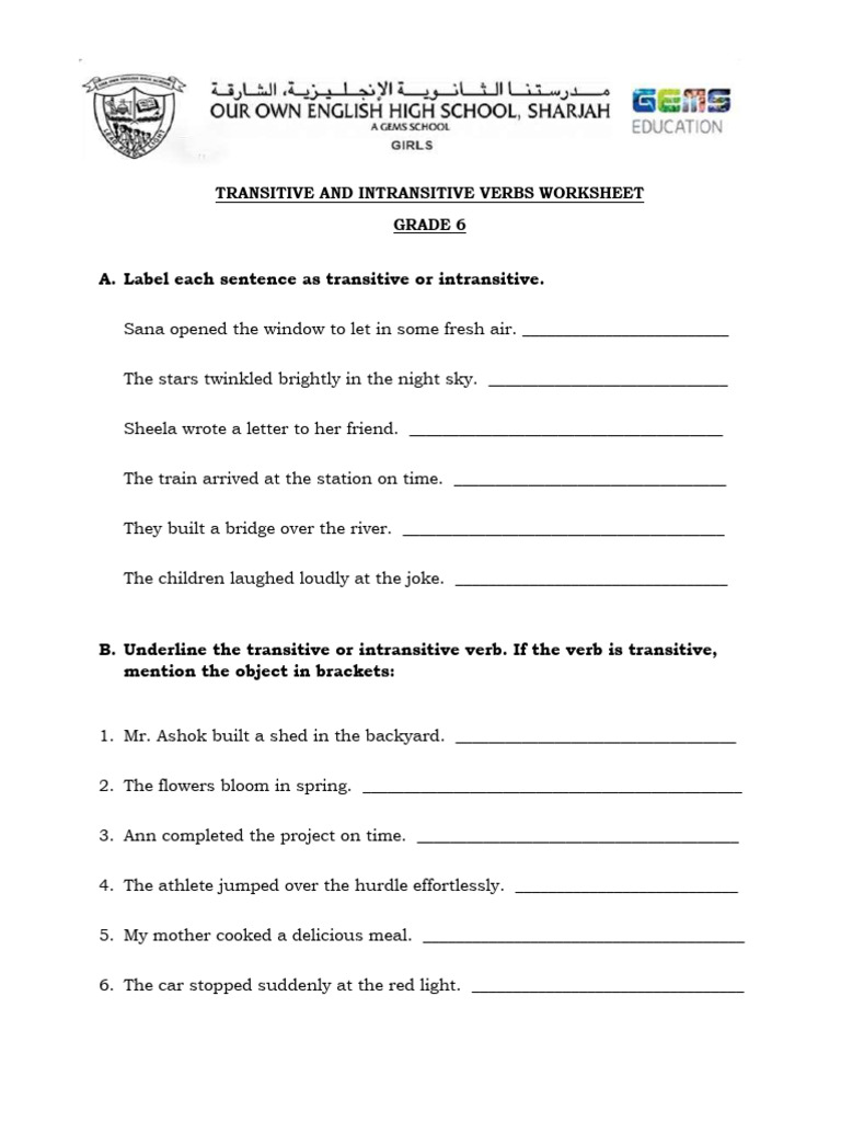 Grade 6 Transitive/Intransitive Verbs Worksheet | PDF