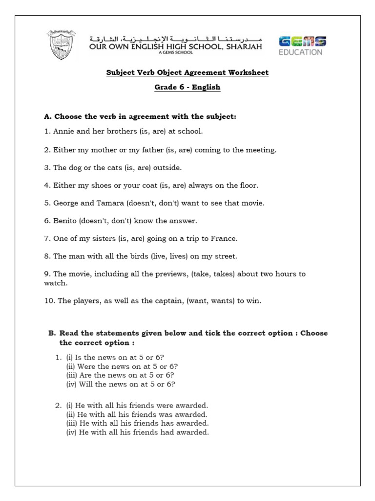 Grade 6 Subject-Verb Agreement Worksheet | PDF | Language Mechanics ...
