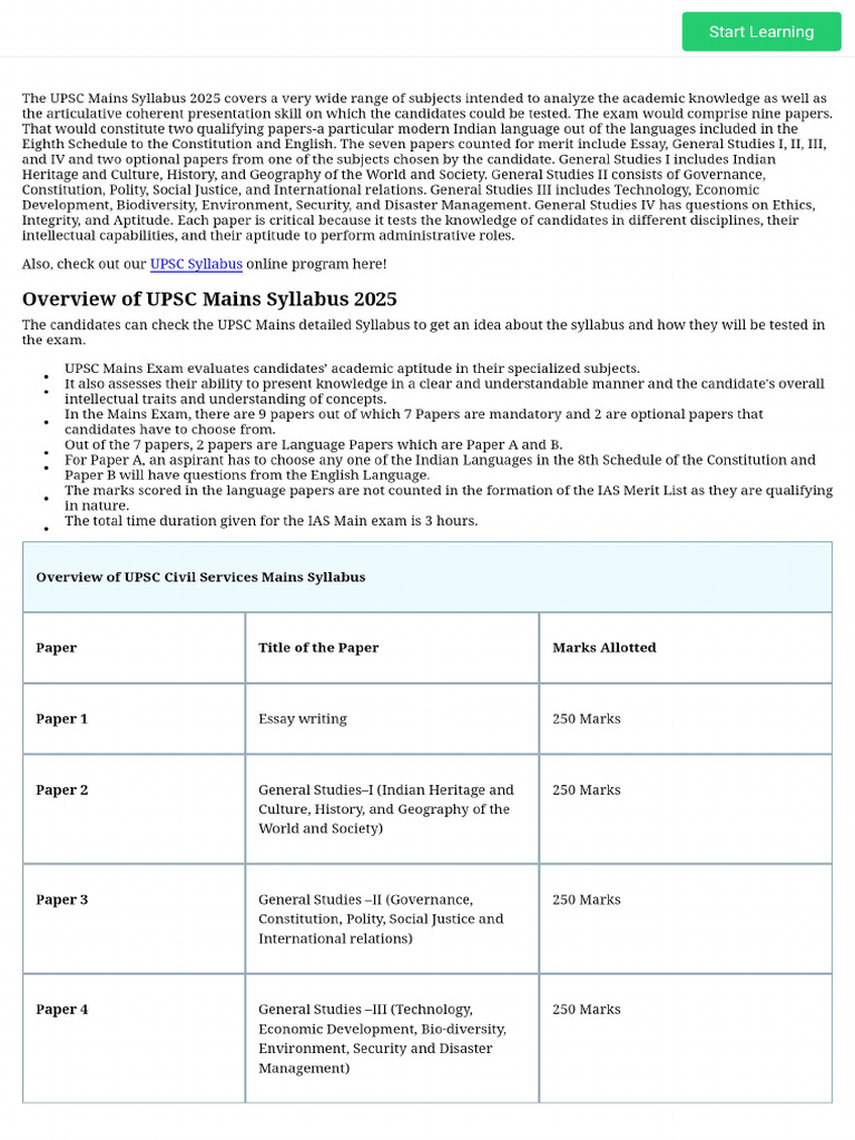 UPSC Mains Syllabus 2025 - IAS Prelims & Mains Syllabus PDF | PDF