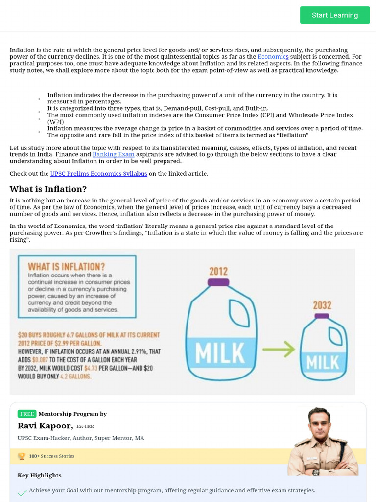 Inflation Study Notes - Meaning, Types, Causes & Control Measures | PDF