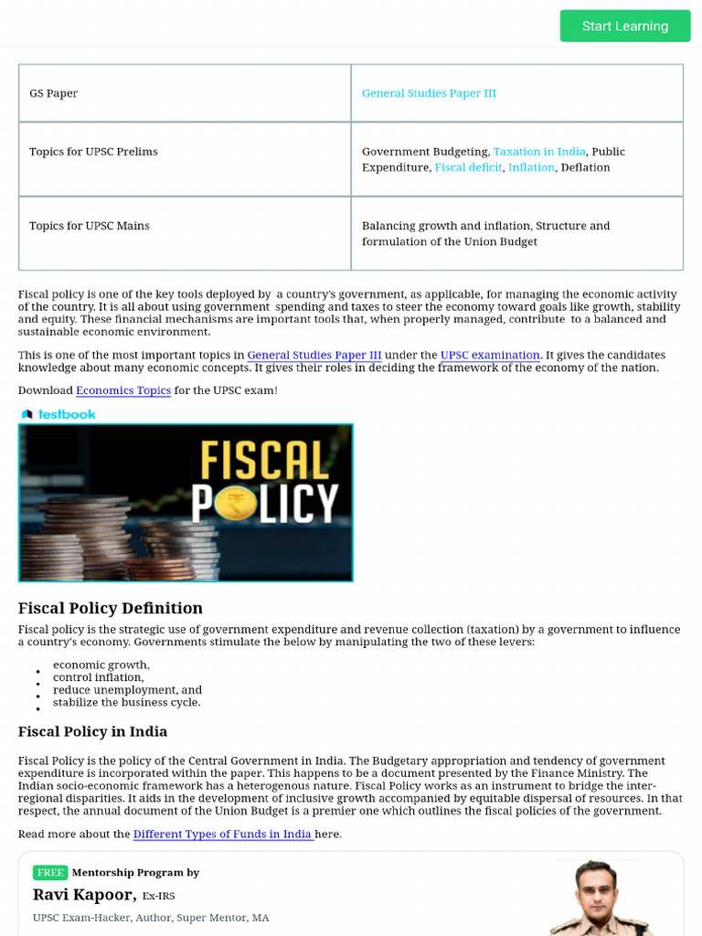 Fiscal Policy - Definition, Objectives, Instruments & Types - UPSC ...