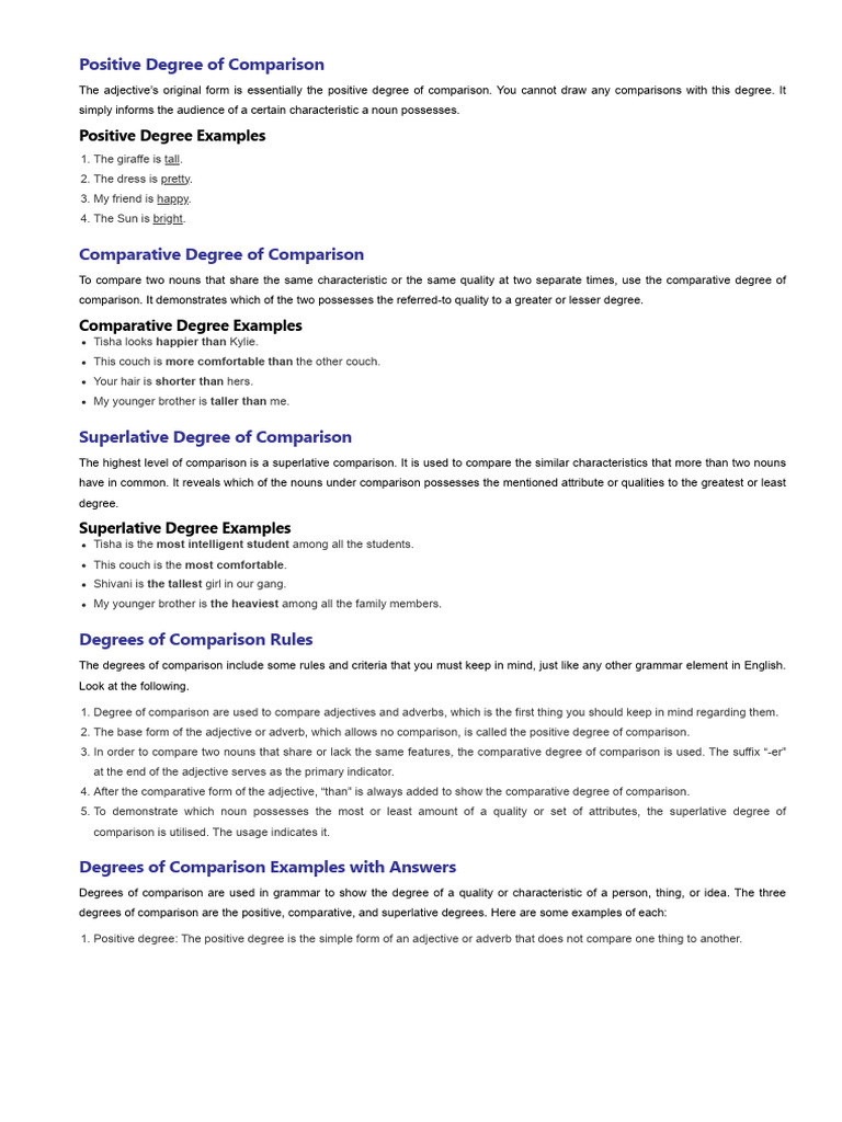 Degrees of Comparison 100 Examples With Answers and Exercises | PDF ...