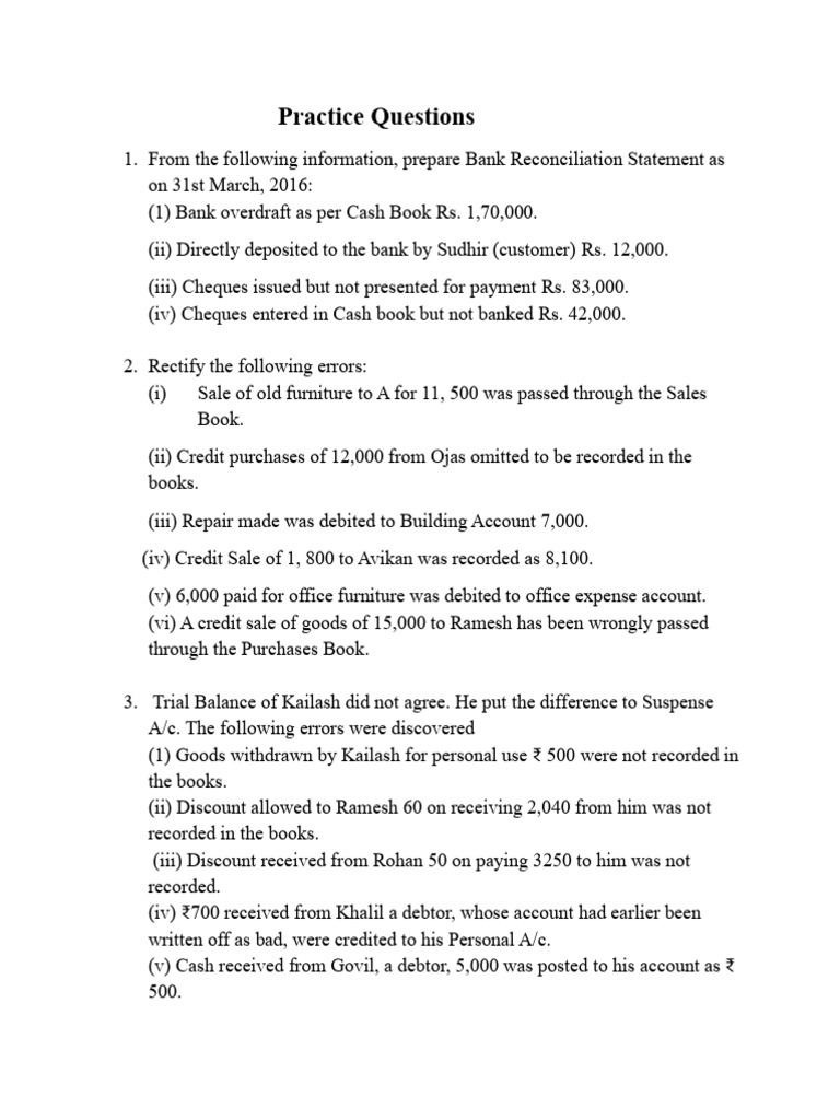 11 Acc Practice Questions | PDF | Debits And Credits | Banks