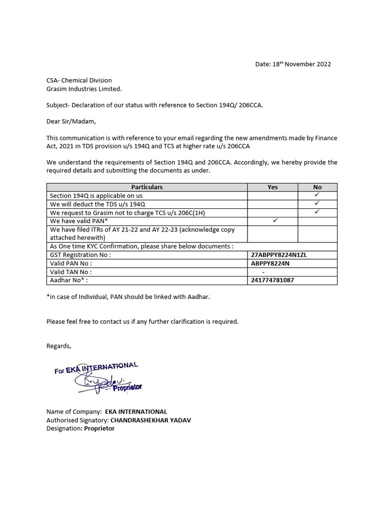 Declaration Form Tds Pdf