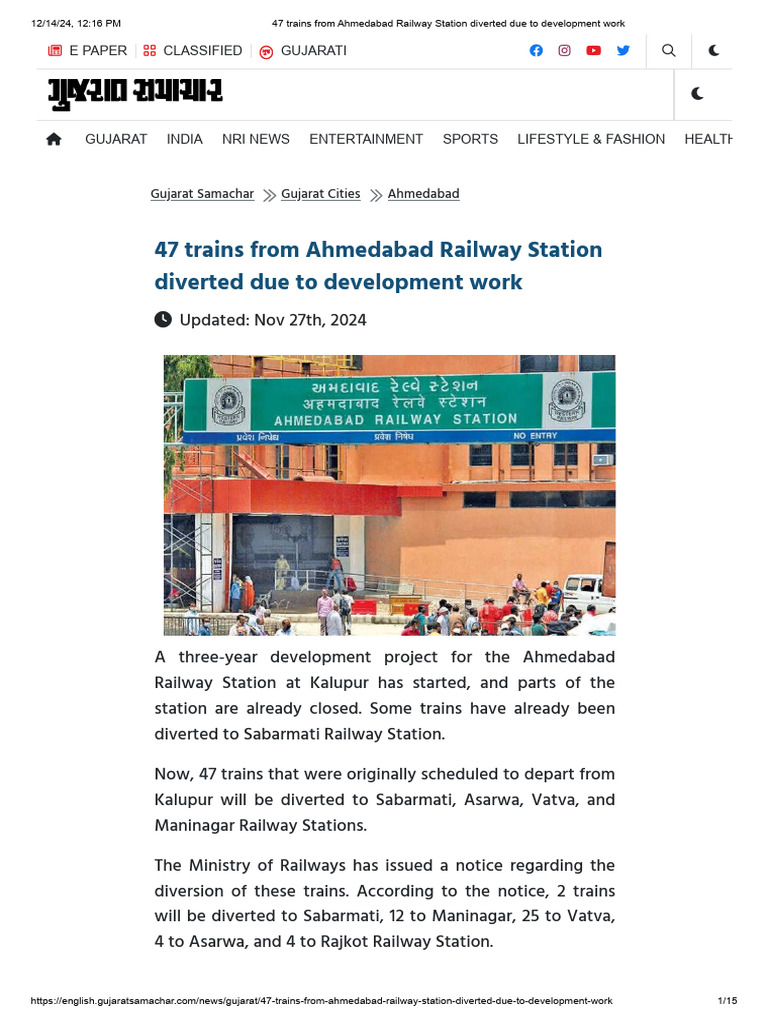 47 Trains From Ahmedabad Railway Station Diverted Due To Development Work | PDF | Gujarat ...