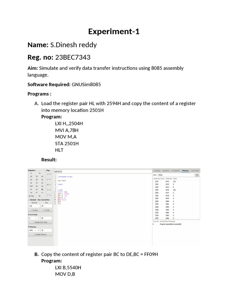 8085 Assembly Data Transfer Simulation | PDF