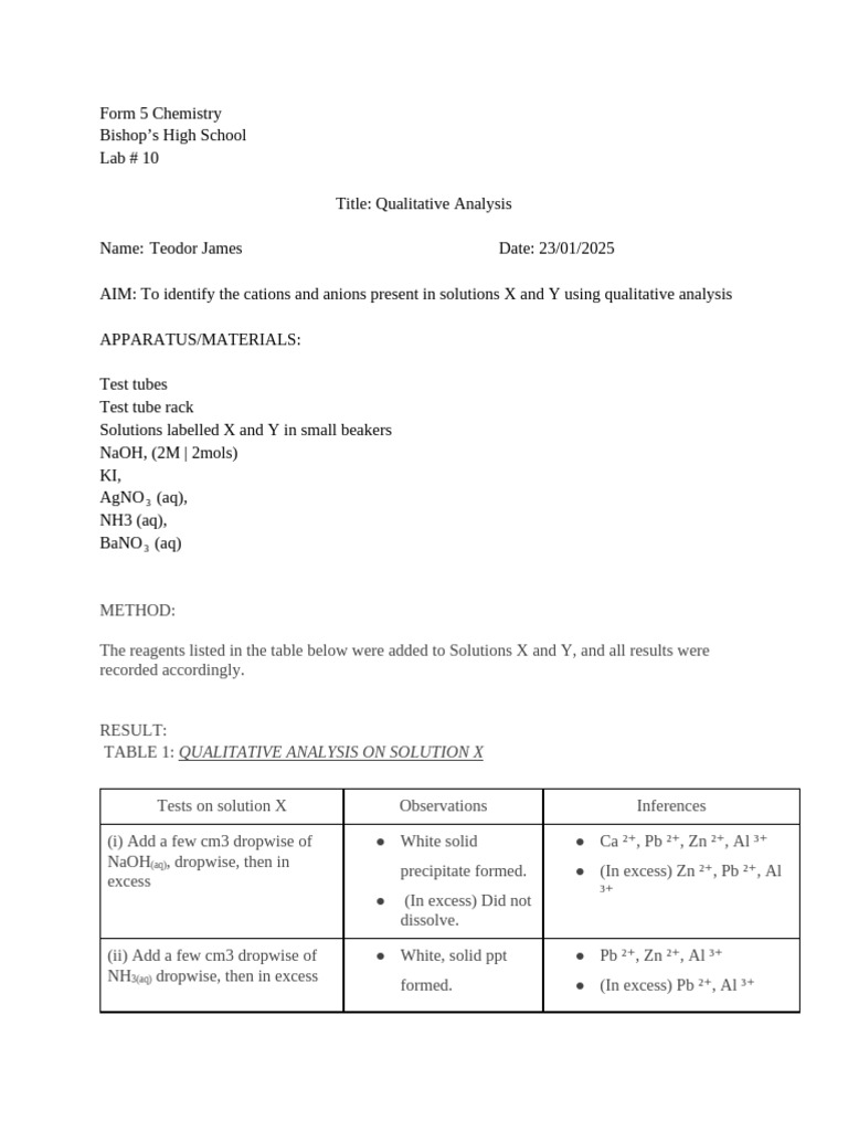 Teodor James - Lab - Qualitative Analysis | PDF | Materials | Chemistry