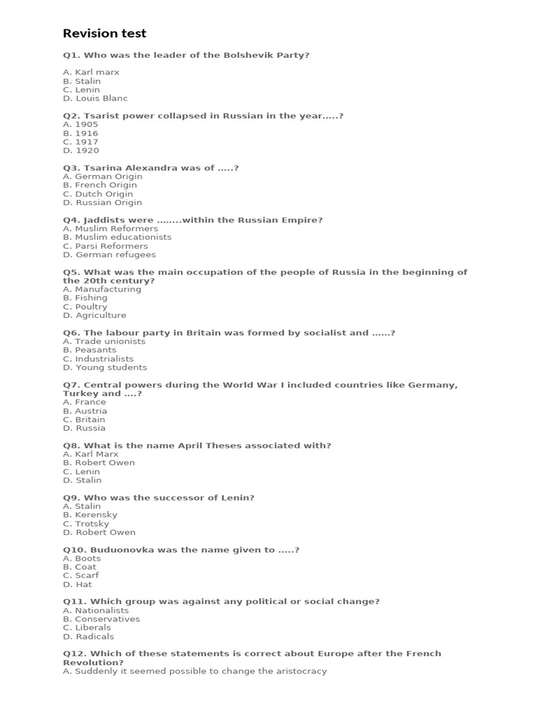 Revision Test ch2 History Class 9 | PDF | Vladimir Lenin | Russian ...