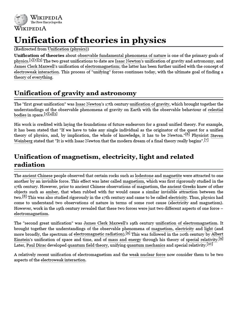 Unification of Theories in Physics - Wikipedia | PDF | Fundamental Interaction | Force