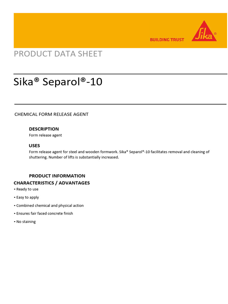 PRODUCT DATA SHEET - Sika Separol 10 | PDF