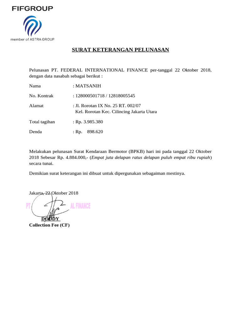526914318 Surat Pelunasan FIF | PDF