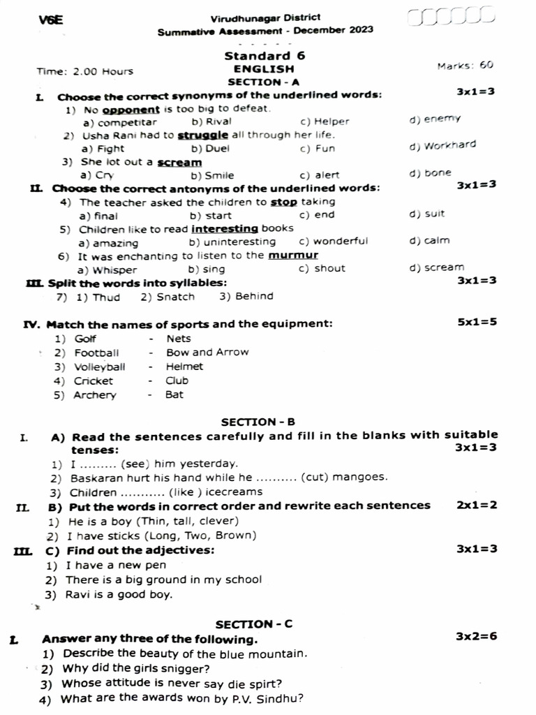 6th English Term 2 Exam 2023 Question Paper Virudhunagar District PDF ...