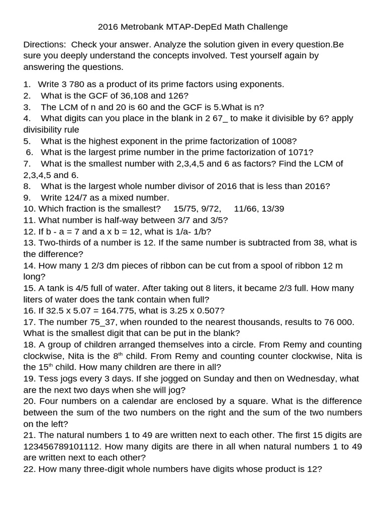 2016 Metrobank MTAP DepEd Math Challenge QUIZ BEE | PDF | Area | Triangle
