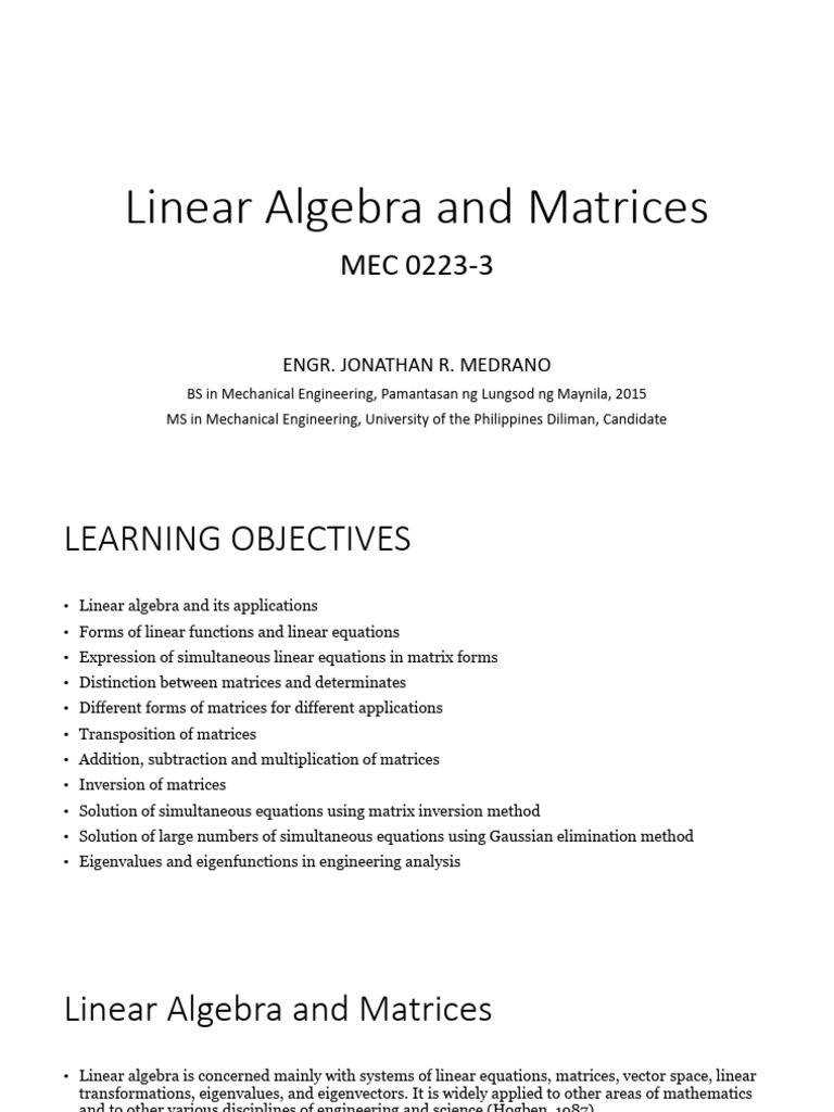 Linear Algebra and Matrix Methods Overview | PDF | Matrix (Mathematics ...
