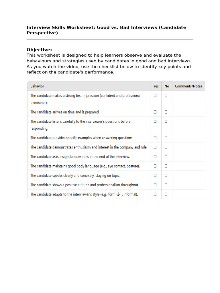 Interview Skills Worksheet | PDF