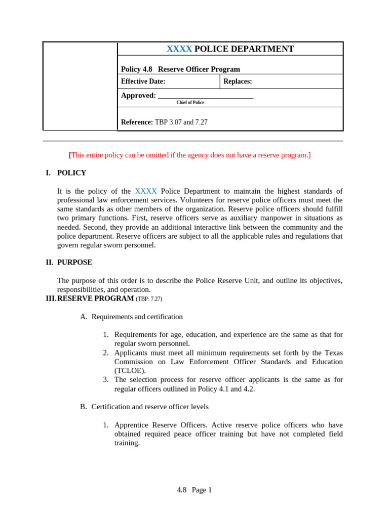Reserve Officer Program Policy Guide | PDF | Police | Police Officer