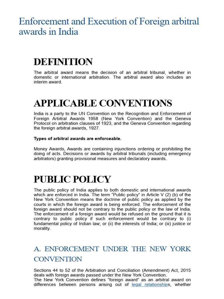 Enforcement & Execution of Foreign arbitral awards in India- DMA ...