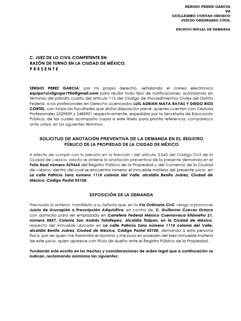 Escrito y Acuerdo Equipo 1 | PDF | Posesión (Ley) | Posesión adversa