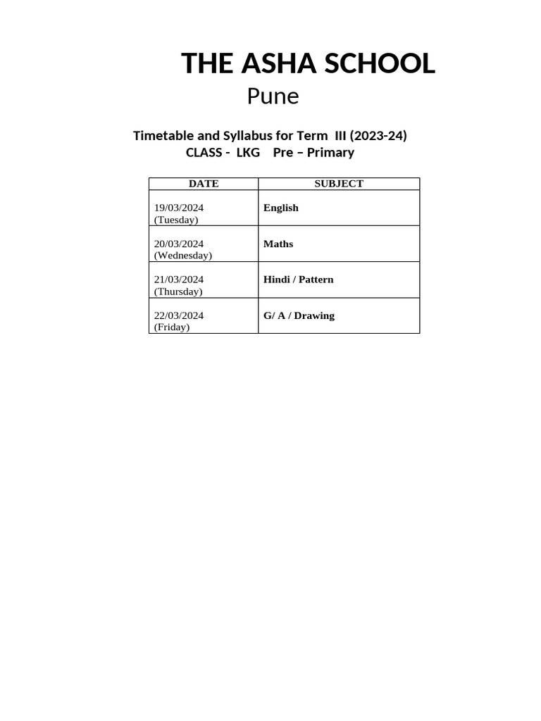 Time Table - Term - III LKG | PDF
