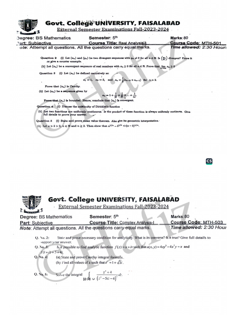 BS Math 5th Semester Past Papers #Hafiz 03485970528 | PDF