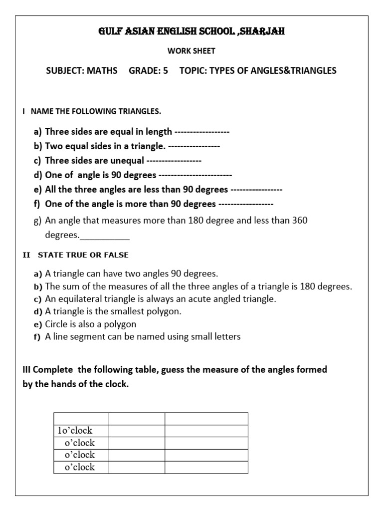 Angles and Triangles Worksheet Grade 5 | PDF