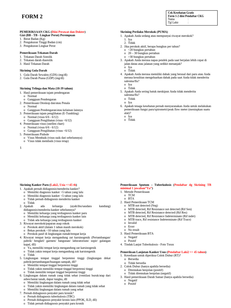 Form 2pemeriksaan CKG | PDF