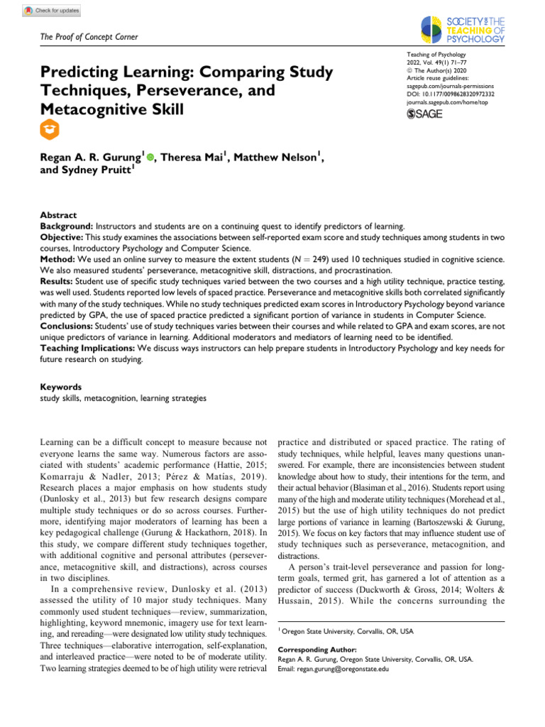 Gurung Et Al 2020 Predicting Learning Comparing Study Techniques Perseverance and Metacognitive ...