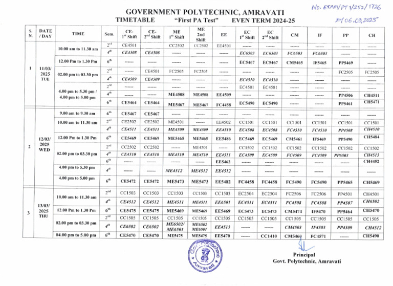 Pt1 Time Table Even2025 252 | PDF