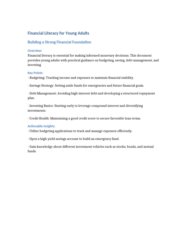 Financial Literacy Guide for Young Adults | PDF