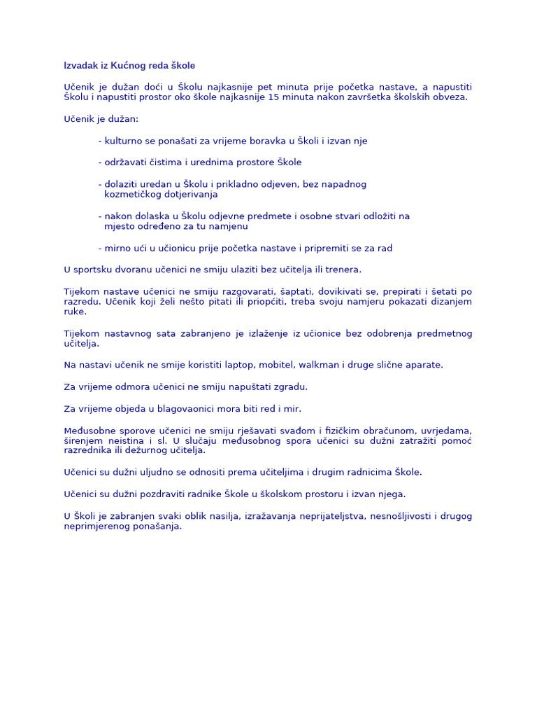 Izvadak Iz Kućnog Reda Škole | PDF