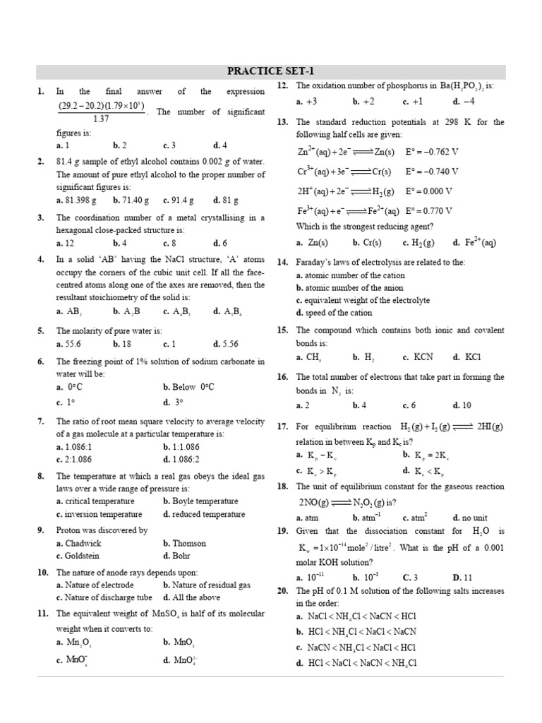 Chemistry Practice Set Questions | PDF | Acid Dissociation Constant | Ph