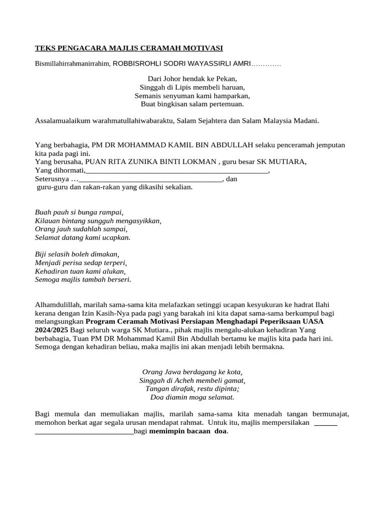 Teks Pengacara Majlis Ceramah Motivasi Uasa 2024 | PDF