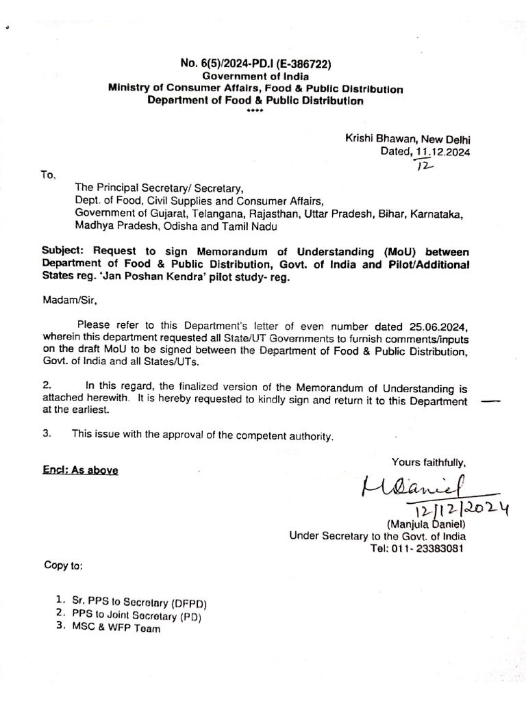 GOI Letter Dated 12.12.2024 - Draft MoU | PDF