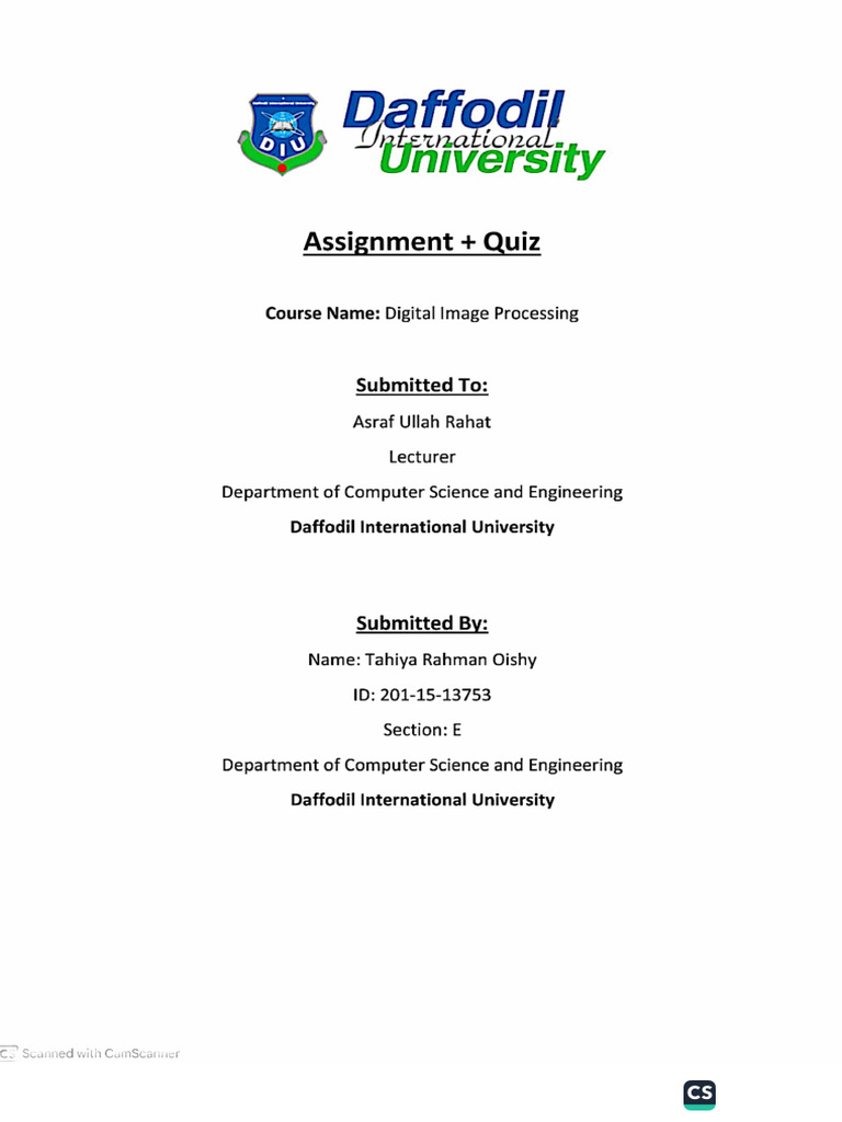 201-15-13753 E-55 Digital Image Processing Quiz-Assignment | PDF