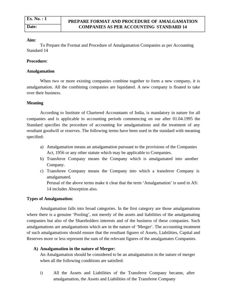Amalgamation Procedure as per AS 14 | PDF | Equity (Finance ...