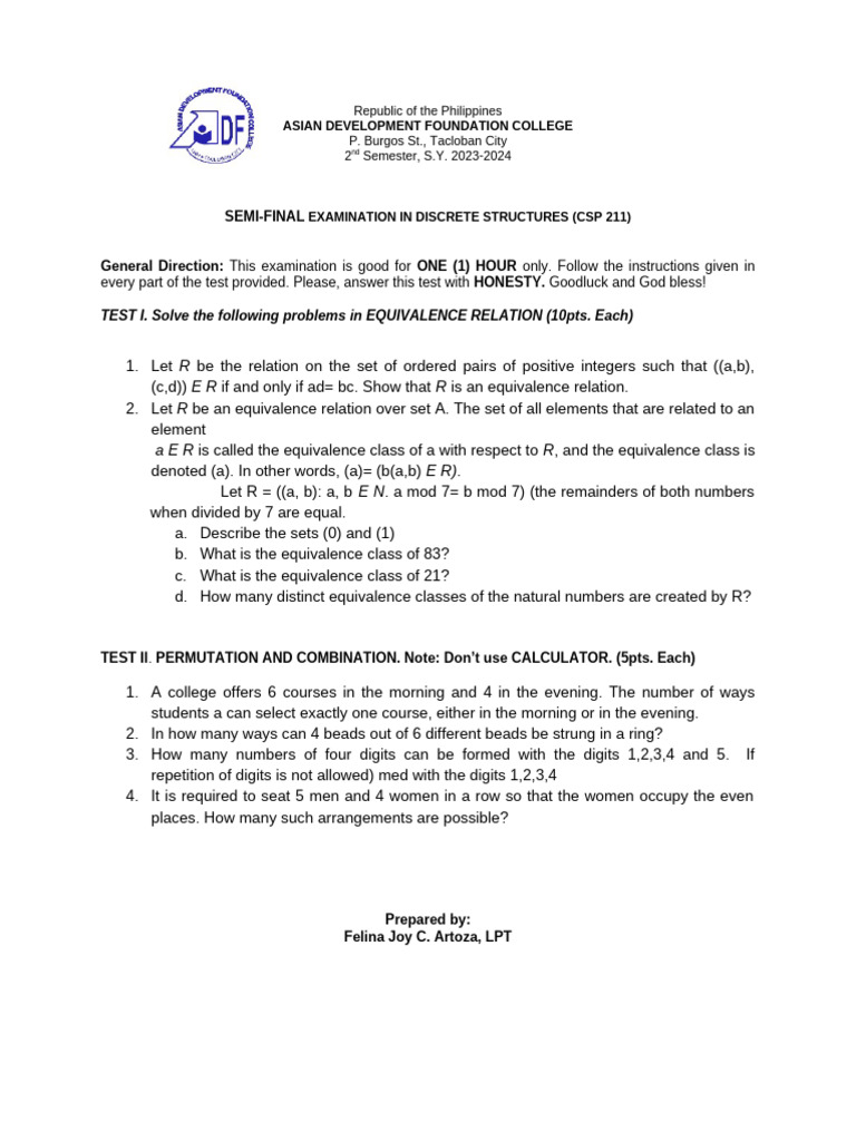 Discrete Structures Exam Guide 2023-2024 | PDF