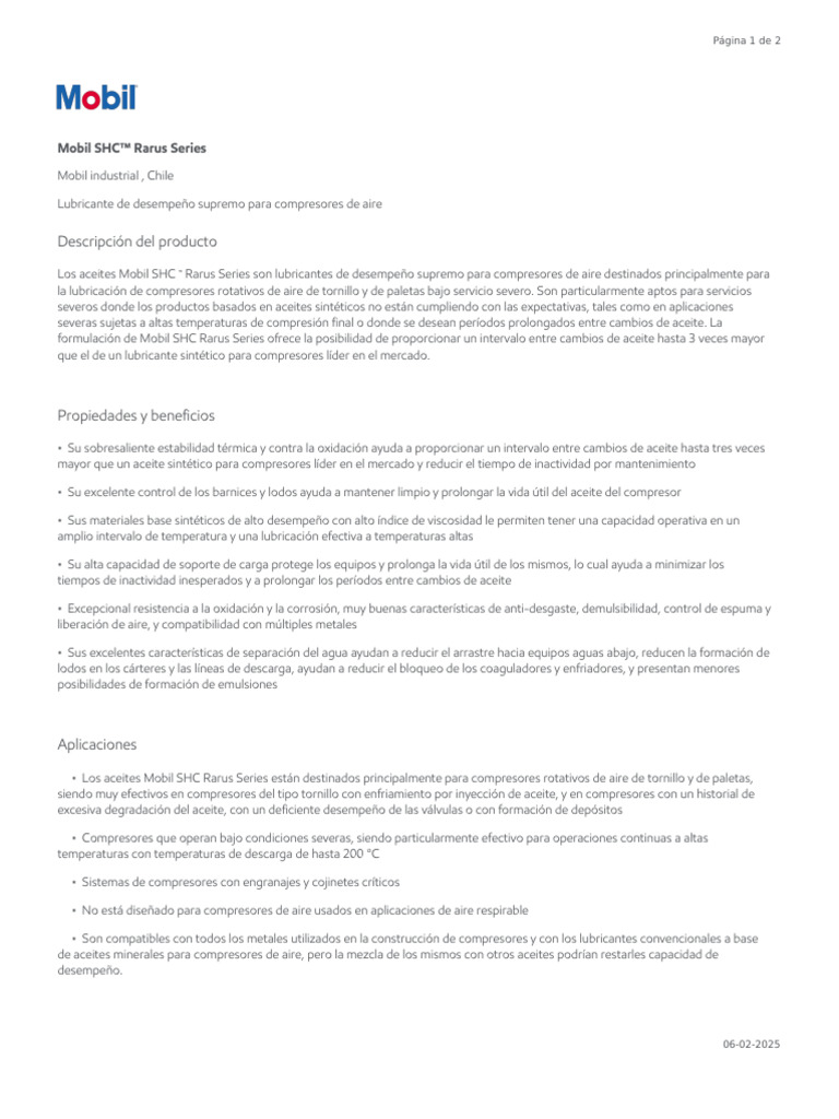 Lubricante Mobil SHC Rarus para Compresores | PDF | Lubricante | Petróleo