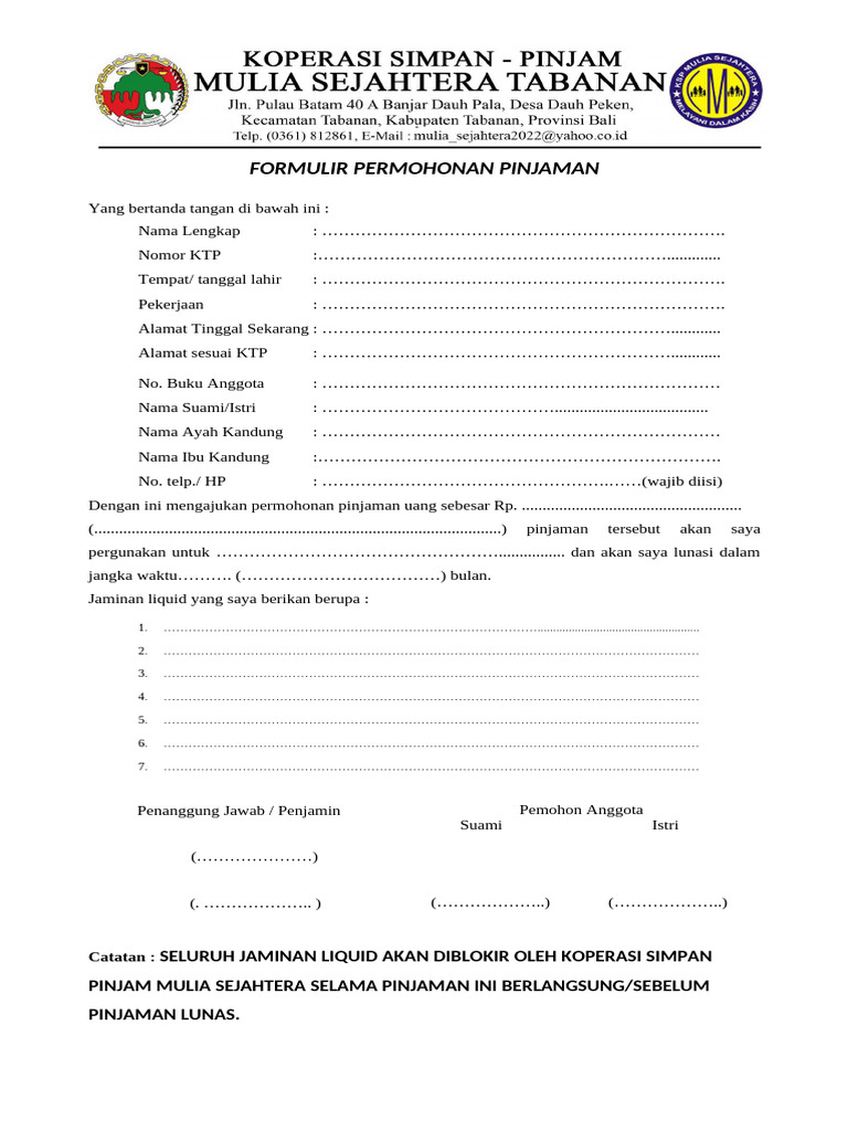 Formulir Pinjaman LIQUID | PDF