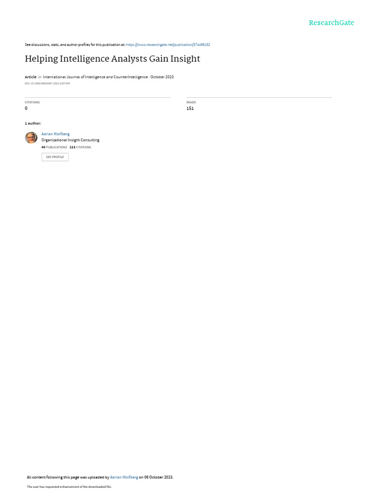 Wolfberg_HelpingIntelligenceAnalystsGainInsight_2023 | PDF | Intelligence Analysis | Insight