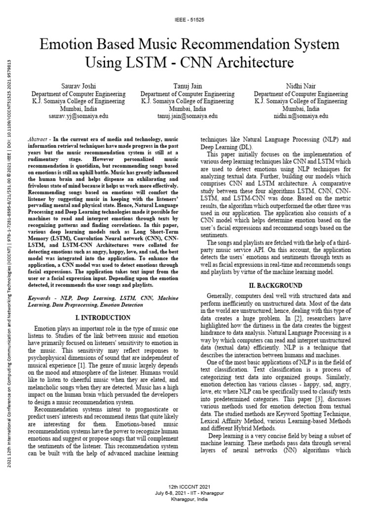 Emotion Based Music Recommendation System Using Lstm Cnn Architecture Pdf Deep Learning