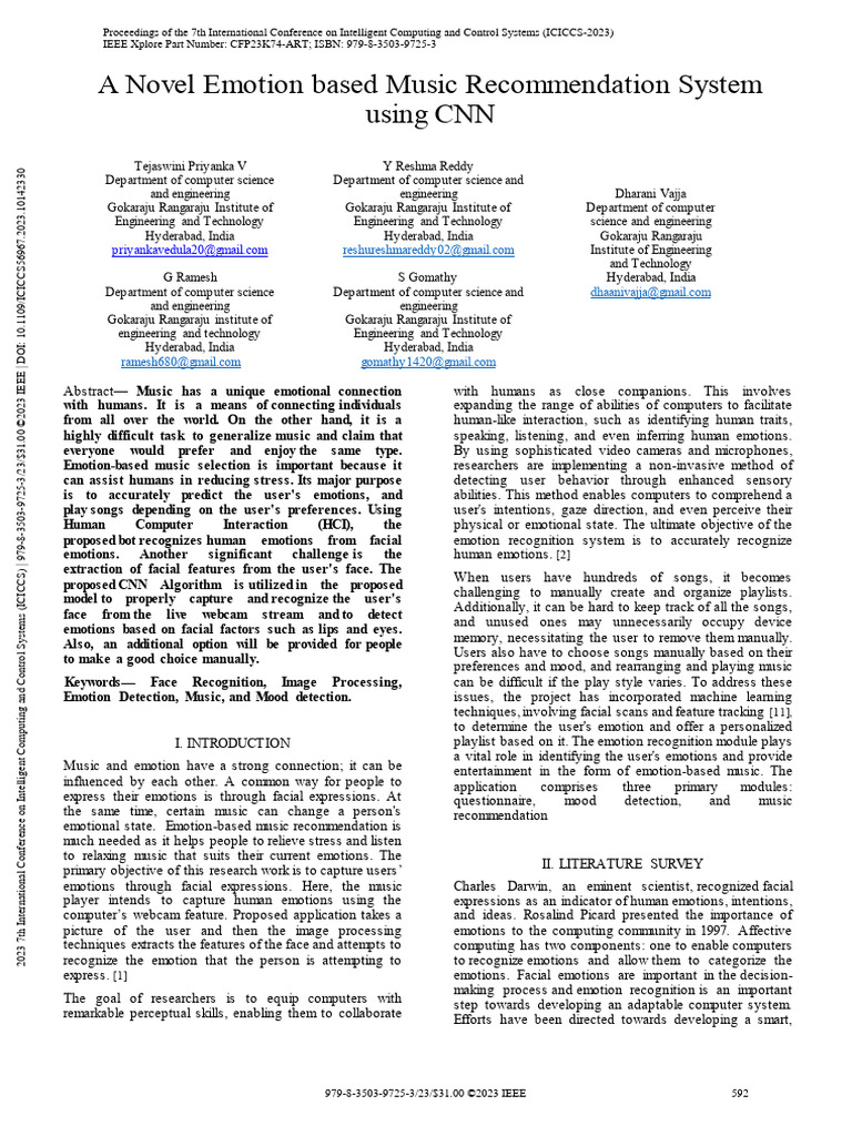 A Novel Emotion Based Music Recommendation System Using Cnn Pdf Artificial Intelligence