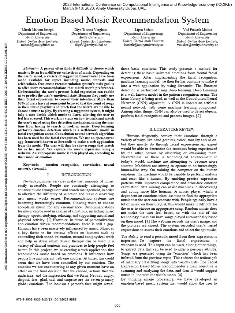 Emotion Based Music Recommendation System Pdf Deep Learning Machine Learning