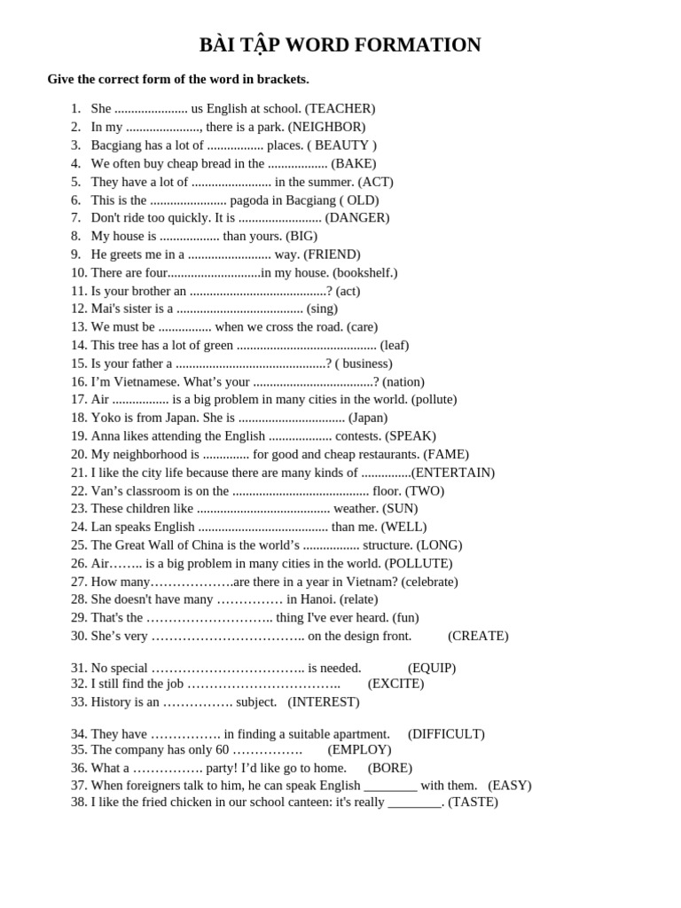 BÀI TẬP WORD FORMATION | PDF