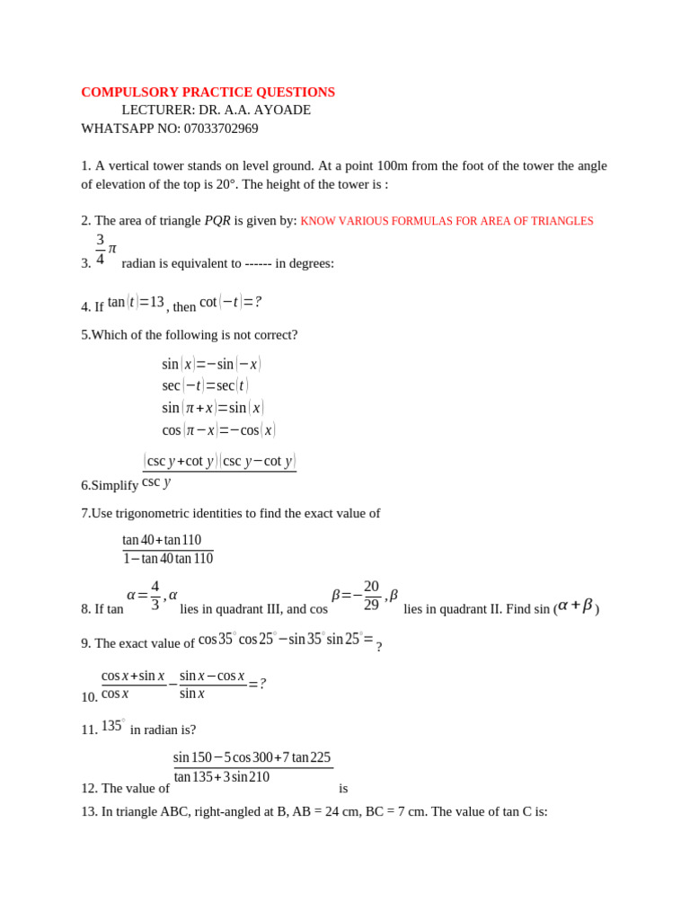 Compulsory Practice Questions Pdf Trigonometric Functions Trigonometry