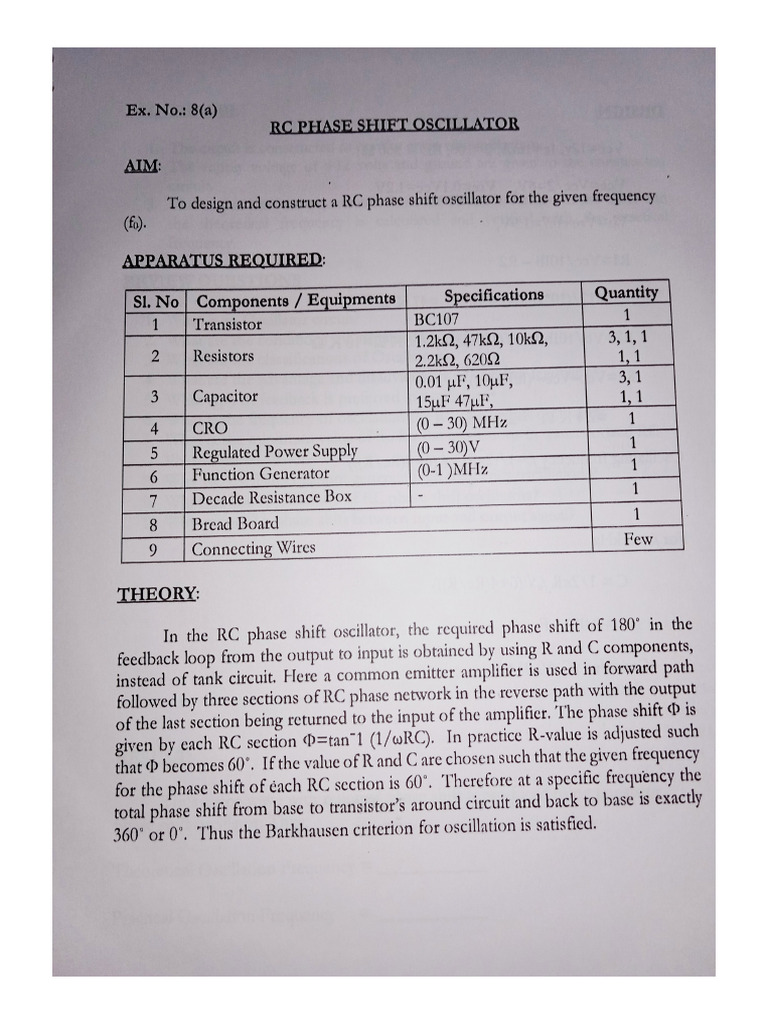 EXP8 A, B RC Phase Shift Oscillator and Colpitts Oscillator | PDF